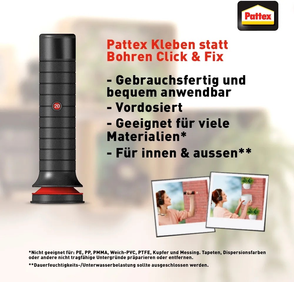 Pattex Montagekleber Kleben statt Bohren Click & Fix Stempel 30 g Weiß ...