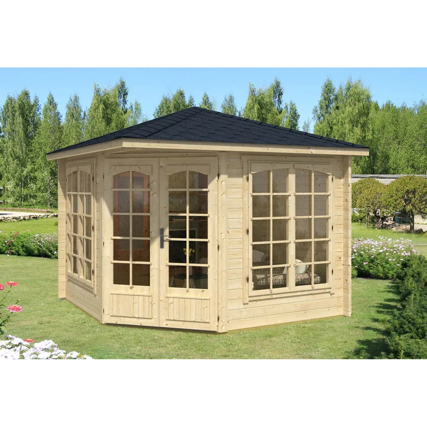 Alpholz Gartenhaus Josephine-40 Spitzdach 325 cm x 325 cm Hellbraun ...