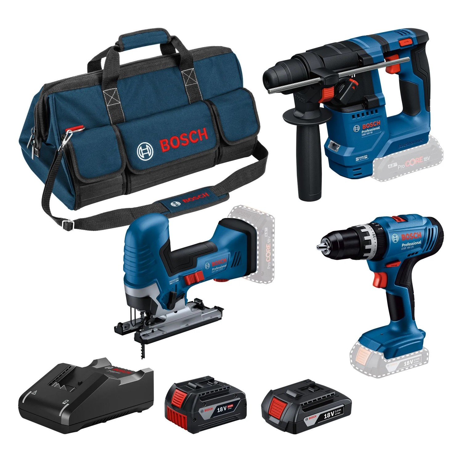 Bosch Professional Kit 3 Akku-Geräte GSB/GST/GBH 18 V mit 2 Akkus und ...