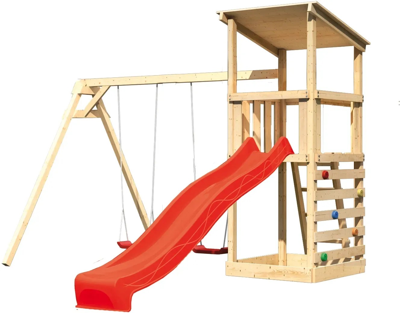 Karibu Spielturm Anna Satteldach Doppelschaukel Kletterwand Rutsche Rot ...