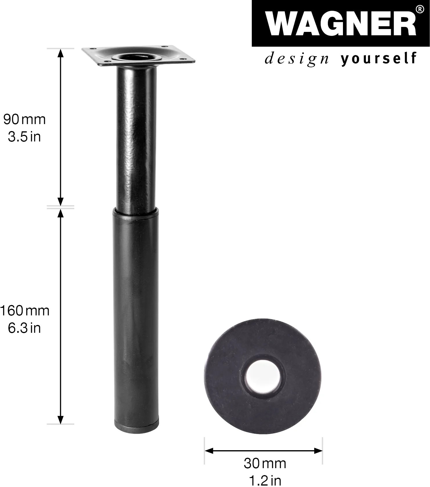 Wagner Teleskopfuß Justierbar Ø 30 mm Länge 160 mm - 250 mm Schwarz ...