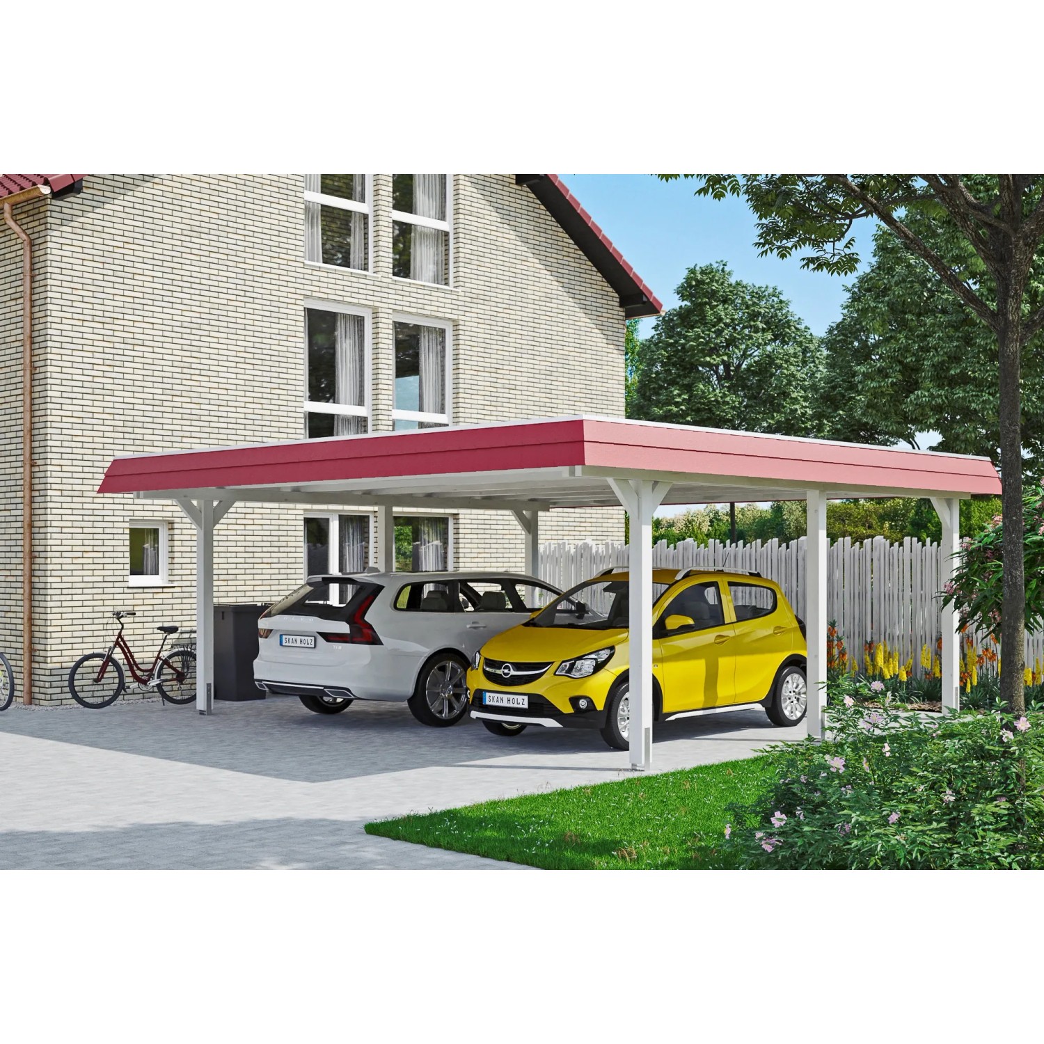 Skan Holz Doppelcarport Wendland Weiß 630 x 637 cm EPDM-Dach Blende Rot ...