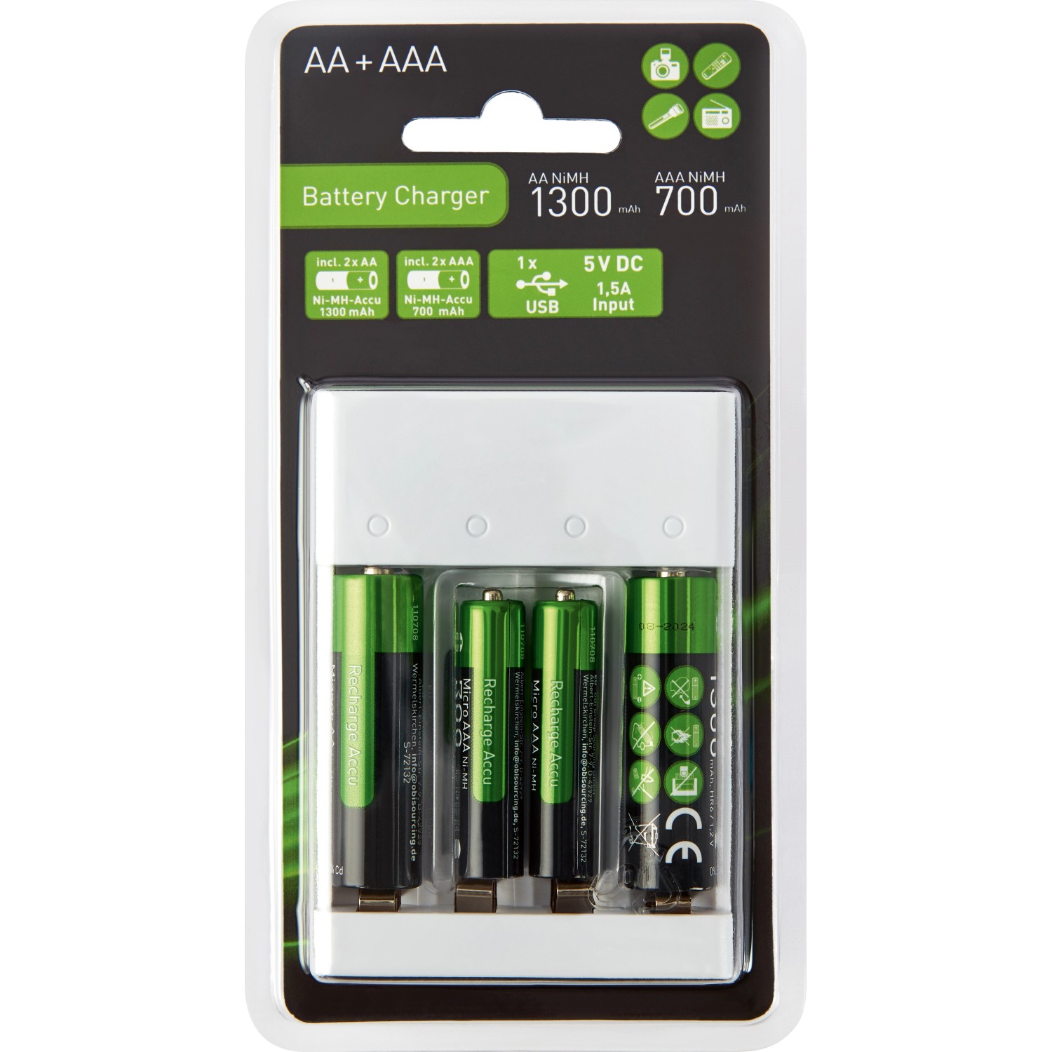 Batterie Ladegerät-Set inkl. 2 x AA, 2 x AAA Batterien & USB-Ladekabel ...