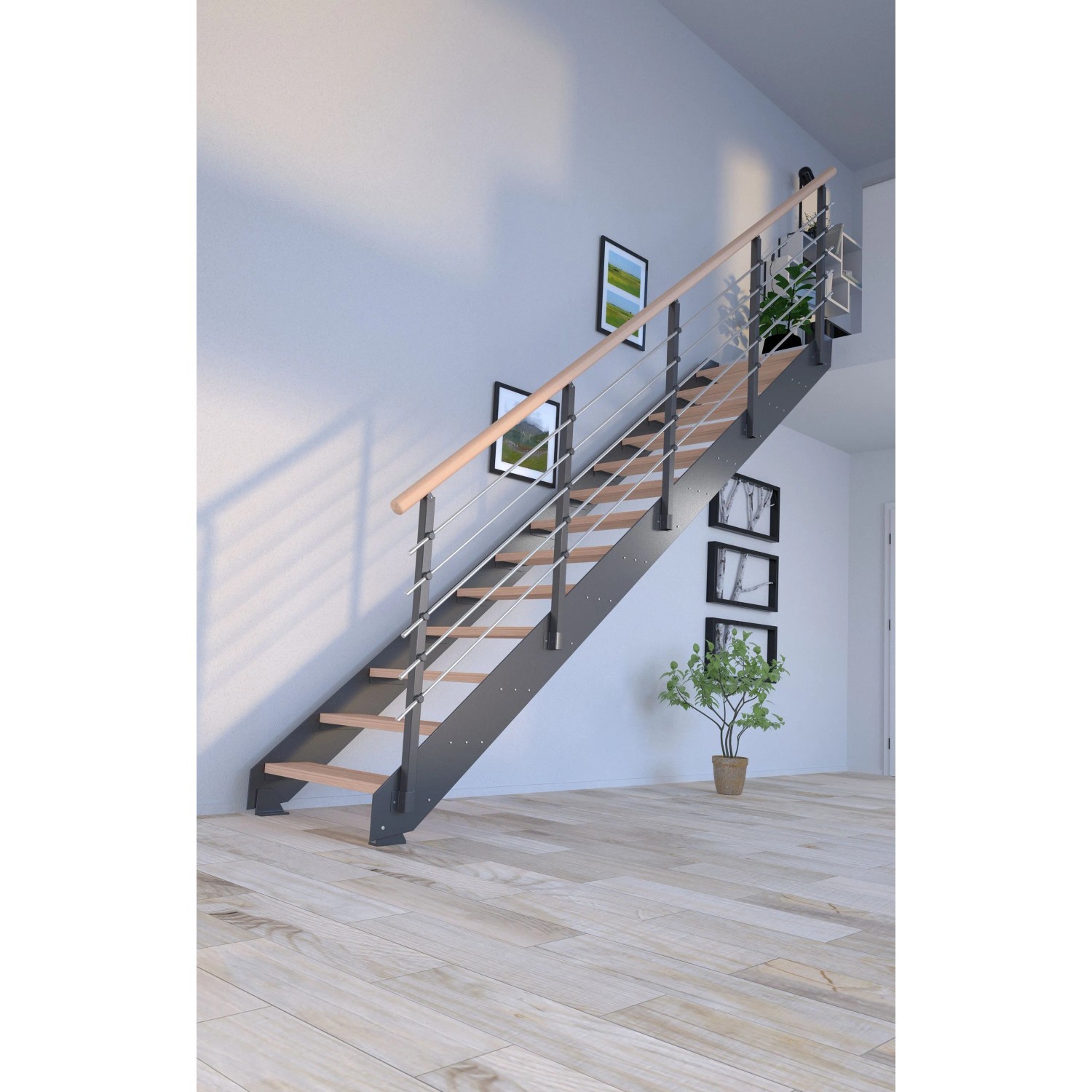 Treppe Kos 13 Stufen Buche Natur 85 cm Metallgeländer Anthrazit FSC ...