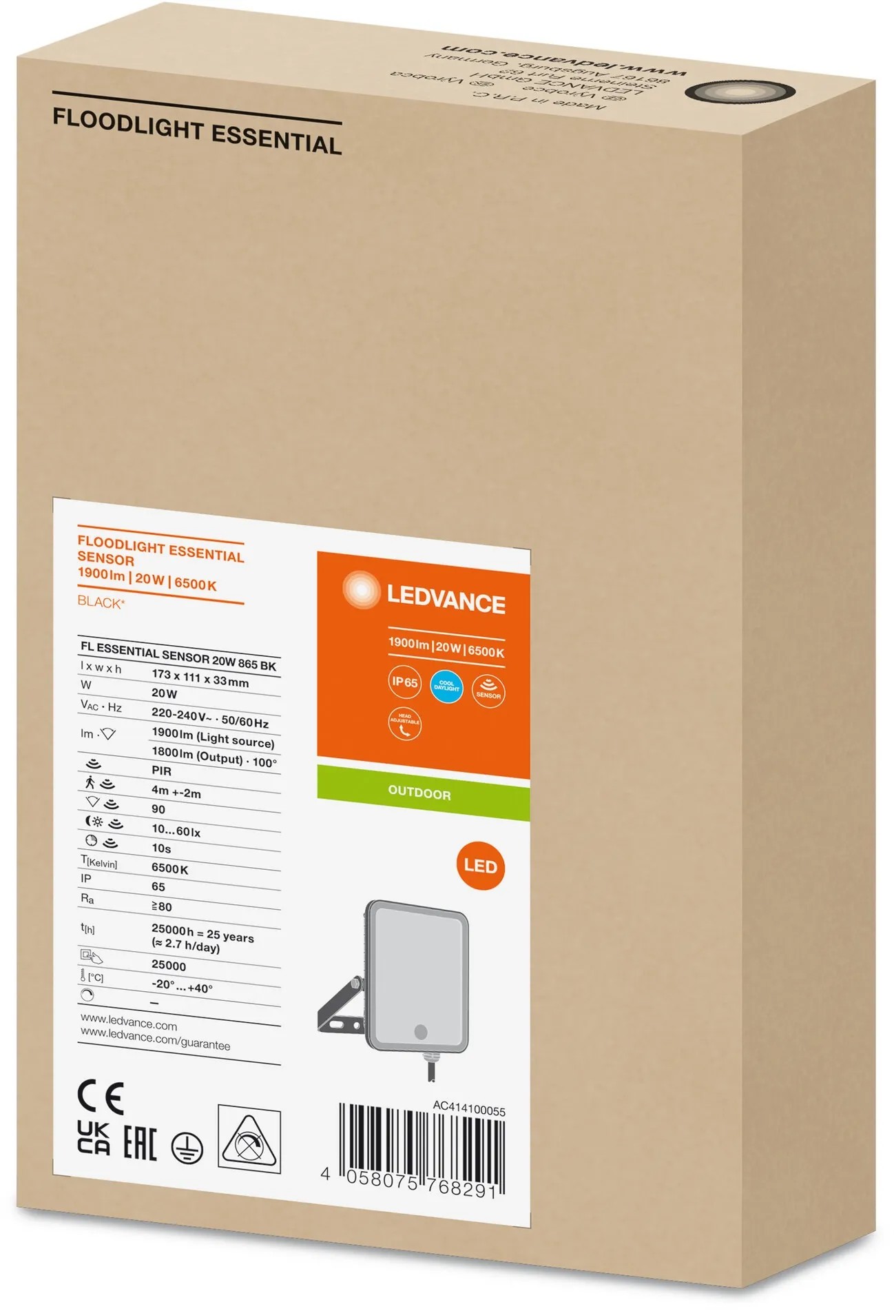 Ledvance Außenstrahler Floodlight Essential Sensor 20 W Schwarz 17,3 x ...