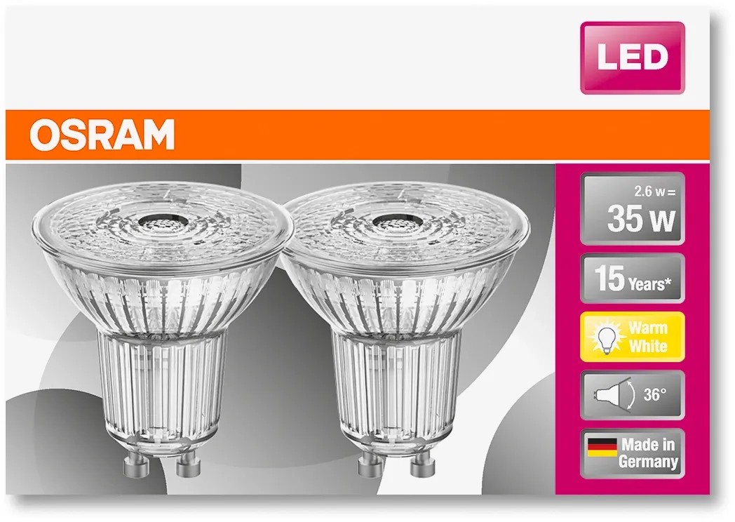 Osram LED-Leuchtmittel GU10 2,6 W Warmweiß 230 lm 2er Set 5,2 x 5 cm (H ...