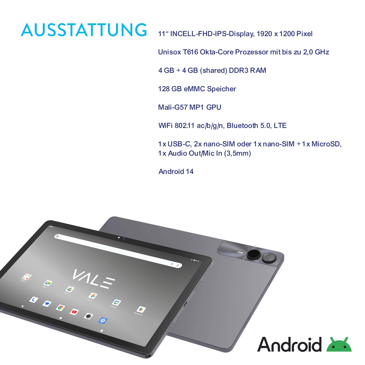 Vale Tablet V11E LTE-4128 Display 27,9 cm (11") Grau Anthrazit Metallic ...