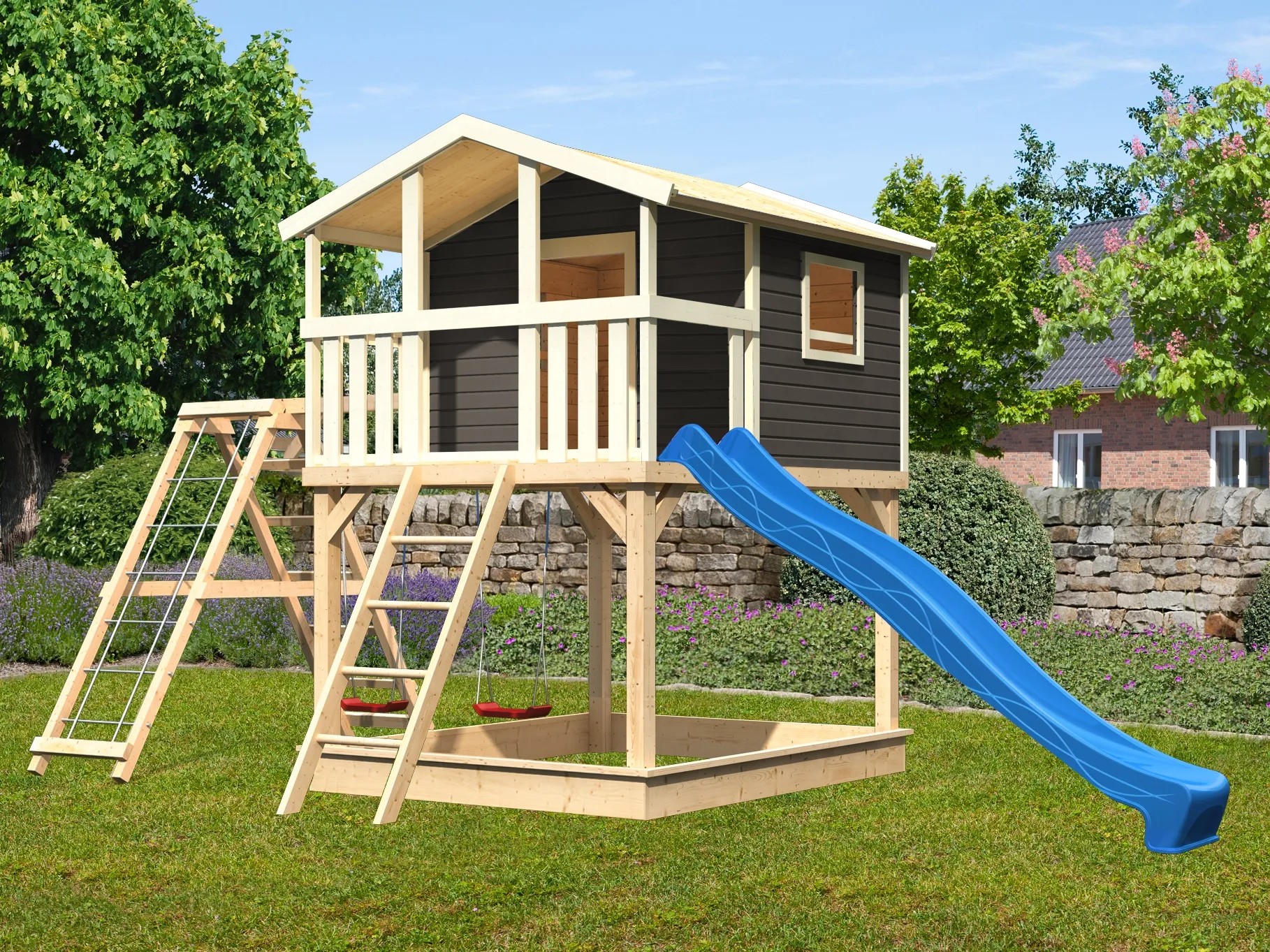 Karibu Stelzenhaus Benjamin Grau Schaukel Kletterger Netzrampe Rutsche Blau kaufen bei OBI