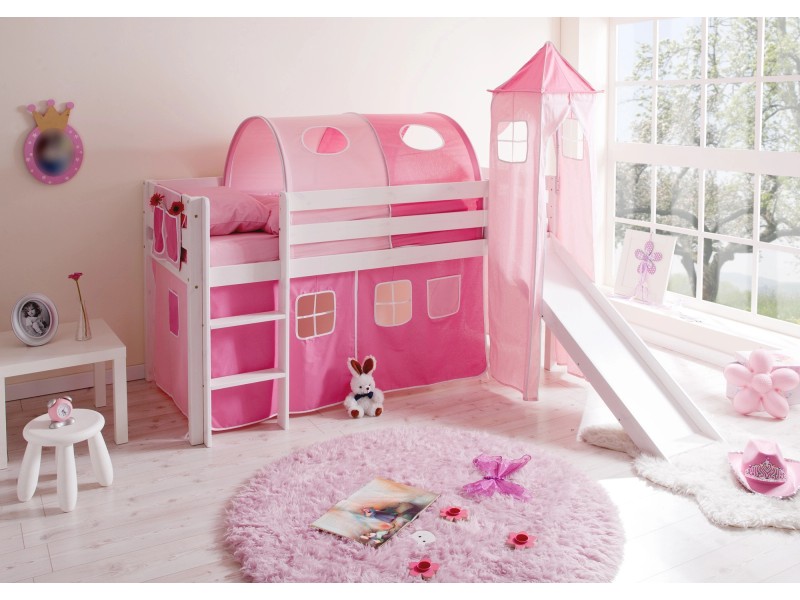 Hochbett mit Rutsche und Turm Kiefer Weiß 90 cm x 200 cm Rosa-Pink ...